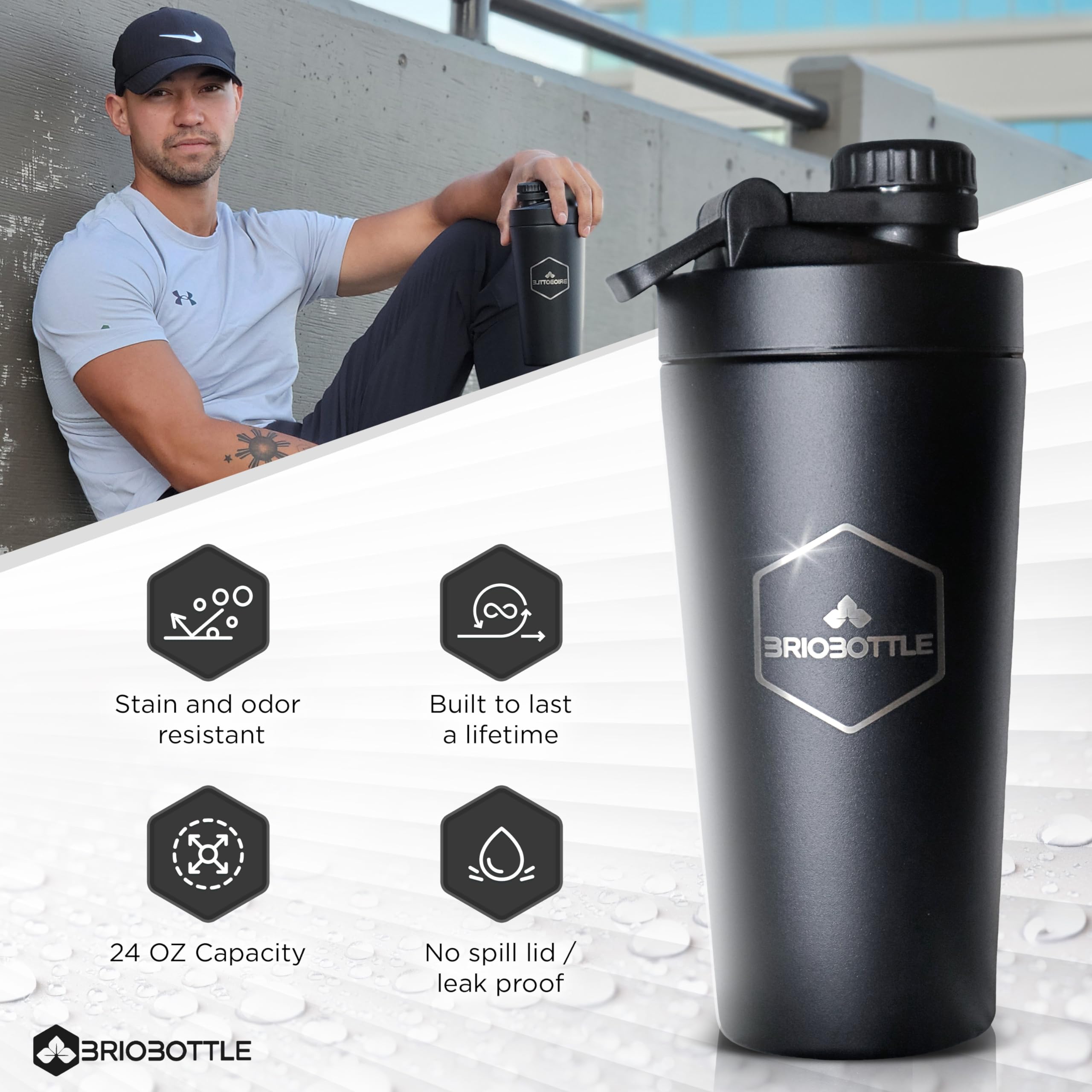 BrioBottle ™ Stainless Steel Shaker Bottle - 24oz Insulated Protein Metal Cup - Reusable Odor Resistant Smoothie Shaker Bottle - Black Water Bottle