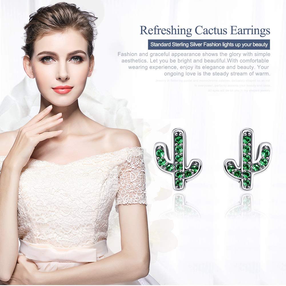 BISAER Cactus 925 Sterling Silver Stud Earrings with Green Cubic Zirconia, Green Plants Post Stud Earring Hypoallergenic Jewelry for Women