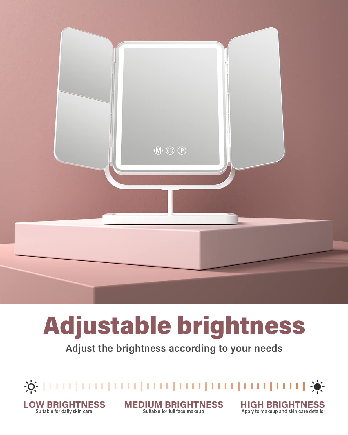 CASSILANDO Trifold Vanity Mirror, 3 Lighting Modes, 360°Rotation ，Trifold Makeup Mirror, Portable LED Makeup Mirror, 1x/2x/3x Magnification and Touch Screen Dimming, Women Gift…