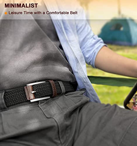 BULLIANT Belt for Men 2Pack,Mens Gift Stretch Braided Web Belt Elastic for Casual Golf Jeans,1 3/8"(Black/Beige,36"-40" Waist Adjustable)