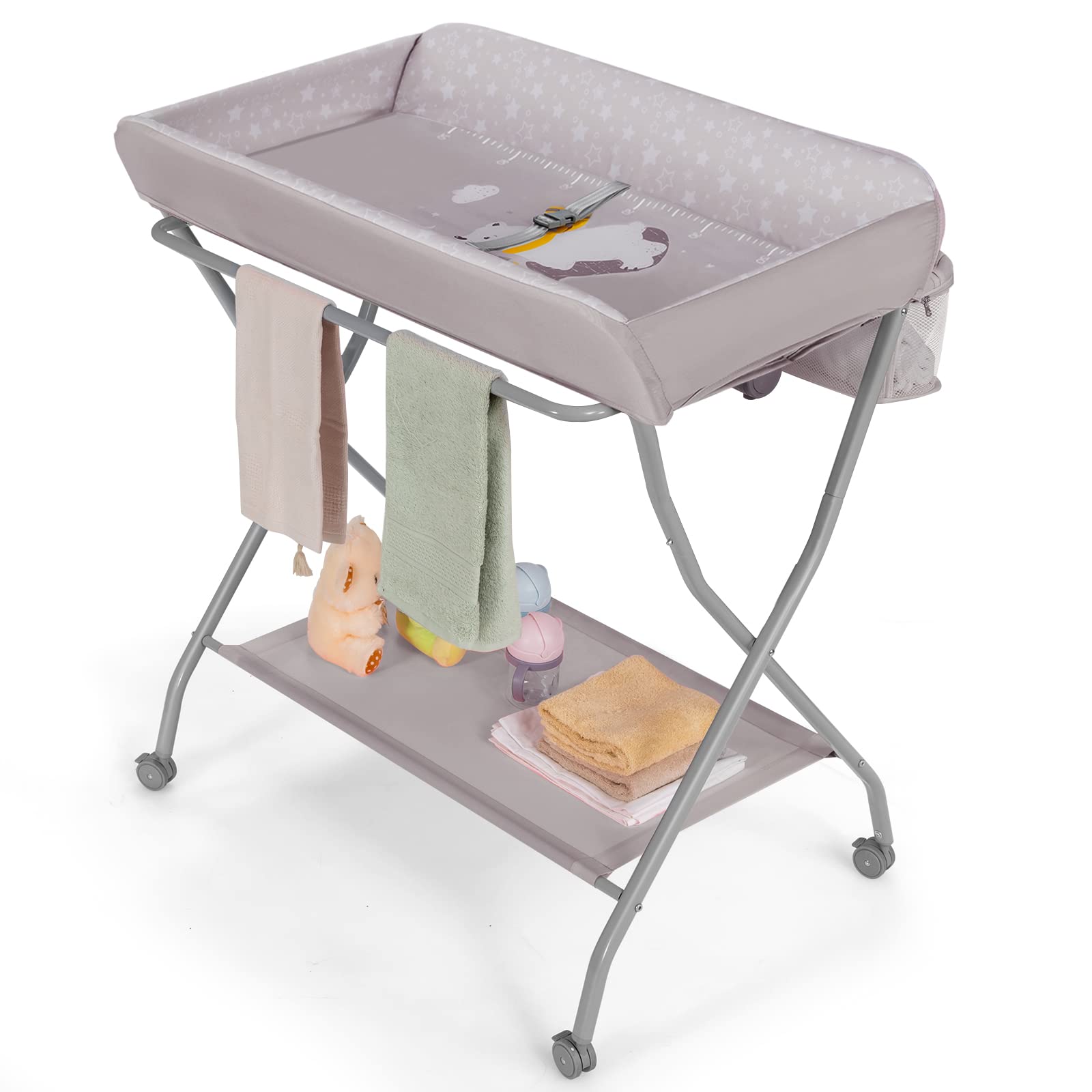 Costzon Portable Changing Table, Mobile Baby Changing Table with Wheels, Safety Belt, Large Storage Basket, Rack & Shelf, Folding Diaper Changing Station Nursery Organizer for Infant Newborn (Gray)