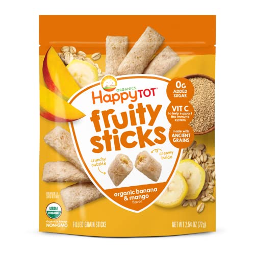 HAPPYTOT Organics Fruity Sticks, Oat & Fruit Filled Grain Sticks, Banana & Mango, Organic Toddler Snack, 2.5 Ounce Bag (Pack of 6)