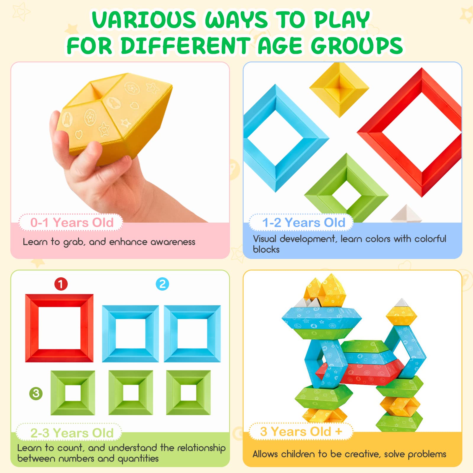 Building Blocks Stacking Toys for Kids, Stacker Toy 3D Puzzle Stem Toys Pyramid Speed Cube, Creative Preschool Learning Educational Toys for 3 Years and up Boys & Girls (30 Pcs)