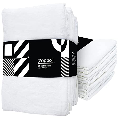 Zeppoli Flour Sack Towels -12-Pack - 28" x 28" 100% Cotton Linen Kitchen Towels - Absorbent Flour Sack Dish Towels - White Tea Towels for Kitchen - Ring Spun Cotton White Dish Drying Towels