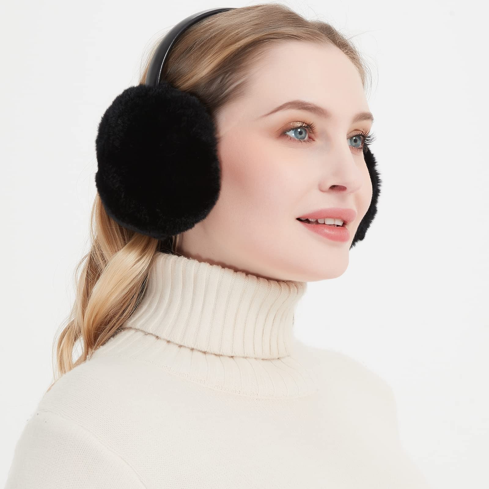 Bibury Real Rex Rabbit Fur Earmuffs with Leather Band, Winter Ear Muffs , Cold Weather Head Warmer (Black)