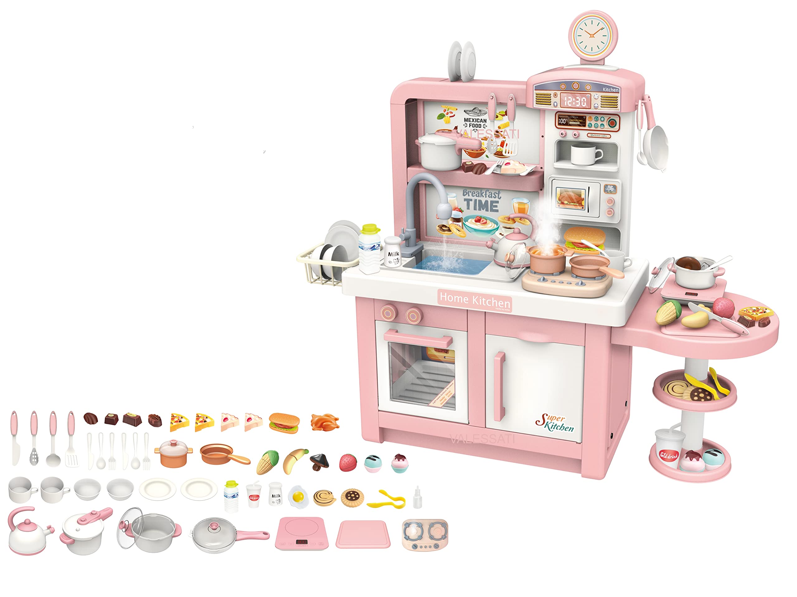 Big Modern Kitchen Set for Kids 49 pcs Pretend Play Cook with Sink, Light, Sound, Cutting Food, steam and Water Features, by VALESSATI