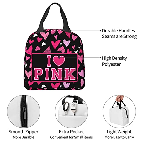 Giwawa I Like Pink Lunch Bag Pink Heart Portable Insulated Lunchbox Waterproof Tote Bento Bag for School Office Camping Picnic
