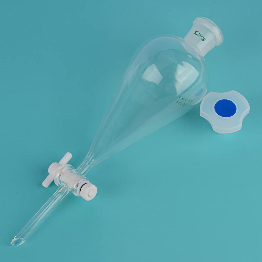 FunChem Conical Separatory Funnel 250 mL with 24/29 Joints and PTFE Stopcock, Borosilicate Glass Separating Funnel Heavy Wall Design