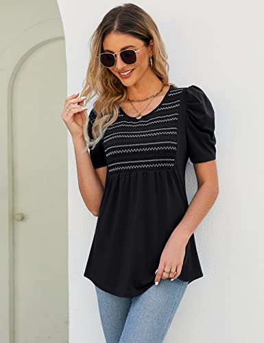 LOMON Oversized T Shirts for Women Short Sleeve Cute Smocked Tops Tees Summer Tunic Tops to wear with Leggings 2023