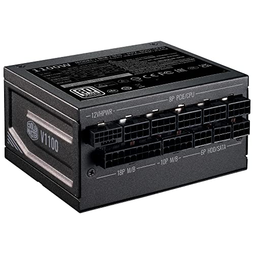 Cooler Master V 1100 SFX Platinum, UK Plug - 80 Plus Platinum, Fully Modular Power Supply Unit, Fits Mini-ITX to ATX Cases, Full ATX 3.0 Support, Quiet 92mm FDB Fan, 10-Year Warranty - 1100W