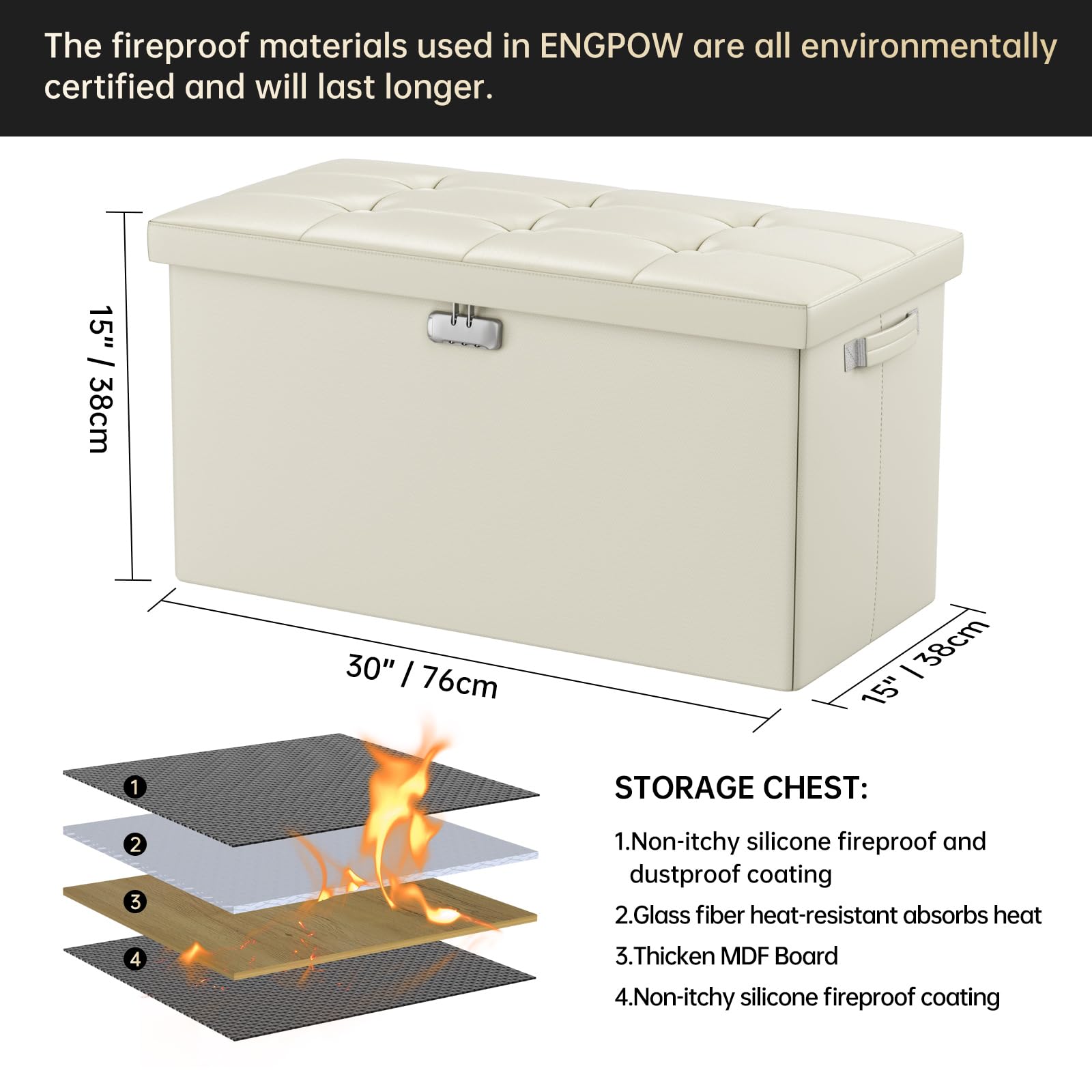 ENGPOW Storage Ottoman with Lock,Fireproof & Waterproof Folding Ottoman Storage Stool Storage Chest with Handle & Zippers Safe for Living Room, Bedroom, Home Office,Dorm,17"x 13"x 13",Beige