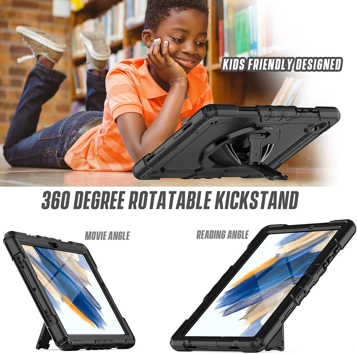 Herize Case Compatible with Samsung Galaxy Tab A8 10.5 Inch 2022 SM-X200/SM-X205/SM-X207 with Screen Protector Pencil Holder | Heavy Duty Sturdy Protective Case W/Stand Hand Shoulder Strap | Black