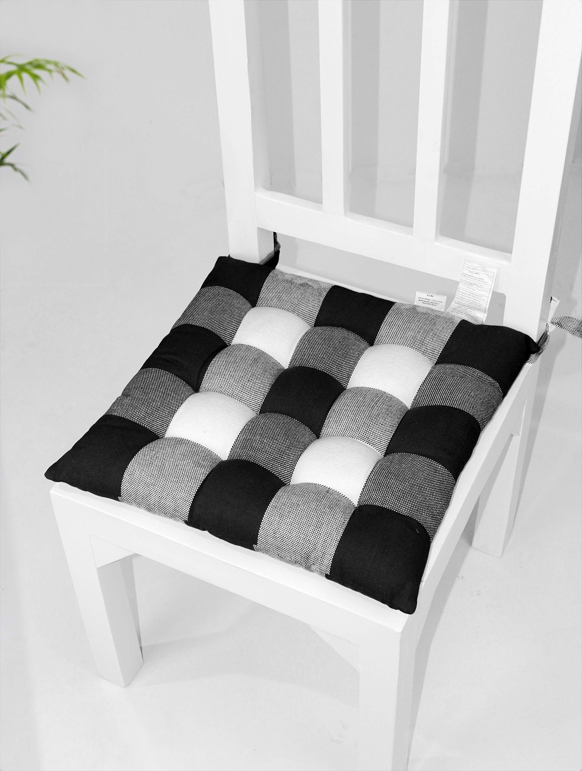 COTTON CRAFT Chair Cushion Pads - Set of 4 - Buffalo Gingham Check - Dining Kitchen Office Chair Seat Cushion with Ties - Durable Cotton Fabric - Thick Comfy Poly Fill - Indoor Use - 17x17 in β Black