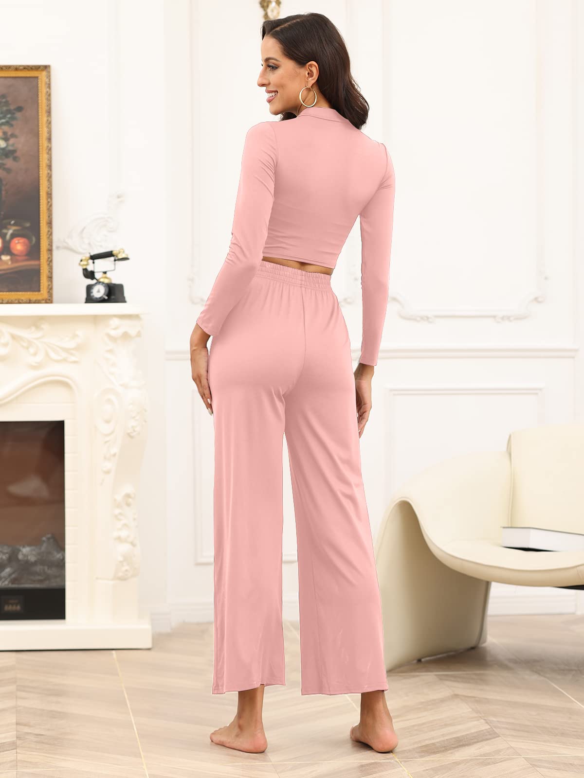 Casual Loose Crop Top High Waist Long Pants for Women 2 Piece Solid Loose Fit Gym Outfits Pink M