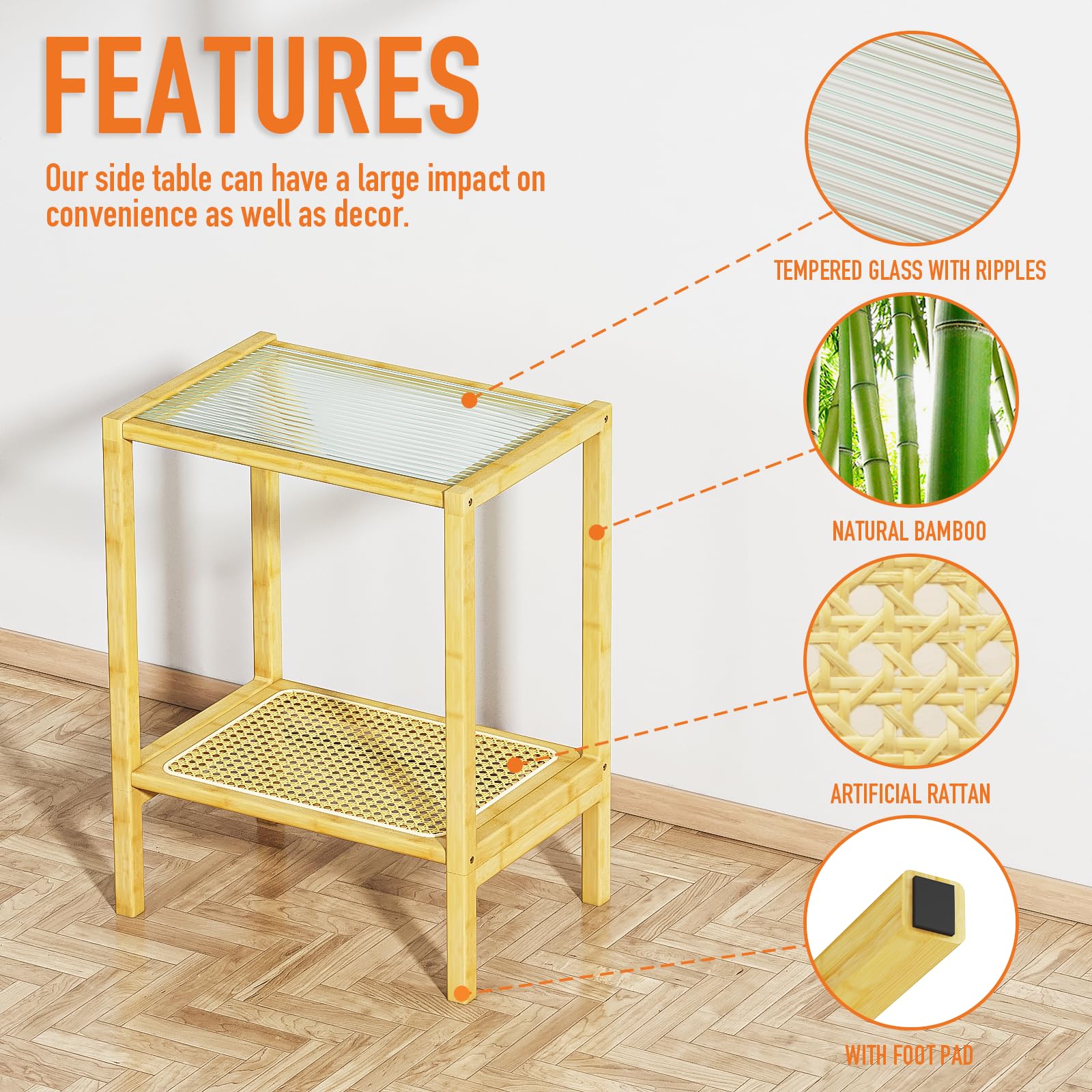Bamworld Side Table Nature Rattan Night Stand Glass End Table 2-Tier with Storage Boho Bedside Table for Small Spaces Bamboo Coffee Table for Bedroom Living Room