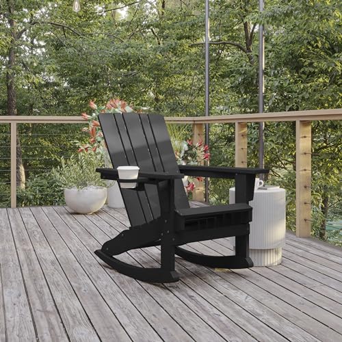 Flash Furniture Halifax Adirondack Rocking Chair with Cup Holder, Weather Resistant Poly Resin Adirondack Rocking Chair, Black