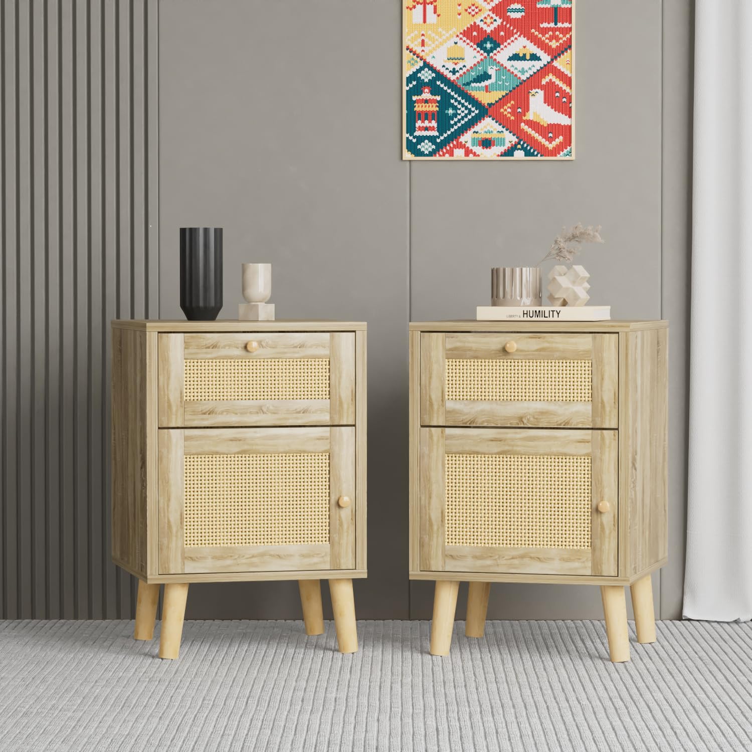 Breezestival Rattan-Like Nightstand with Storage, Boho Side Table with Rattan Material Decorated Drawer, Cabinet Door for Living Room, Bedroom