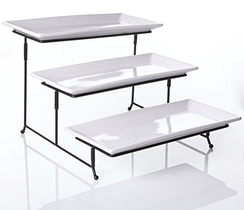 Partito Bella 3 Tier Swiveling Plate Rack Stand Including Three 12x6 Pro-Grade Porcelain Platters for Presentations of Any Kind â Thicker Sturdier Collapsible Stand and Stackable Platters