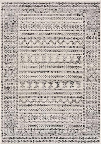 Hauteloom Greig Farmhouse Moroccan Geometric Area Rug - Boho Aztec Tribal Carpet for Living Room, Bedroom, Dining Room - Bordered - Off White, Black, Grey - 7'10" Round Rug