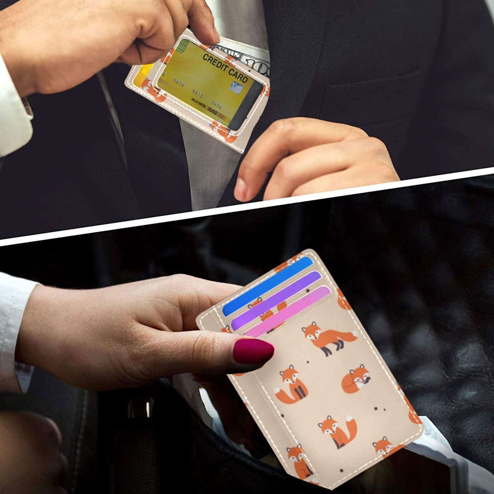 Linomo Thin leather Card Holder and Money Clip Cute Animal Fox Pattern Wallet RFID Blocking for Men & Women