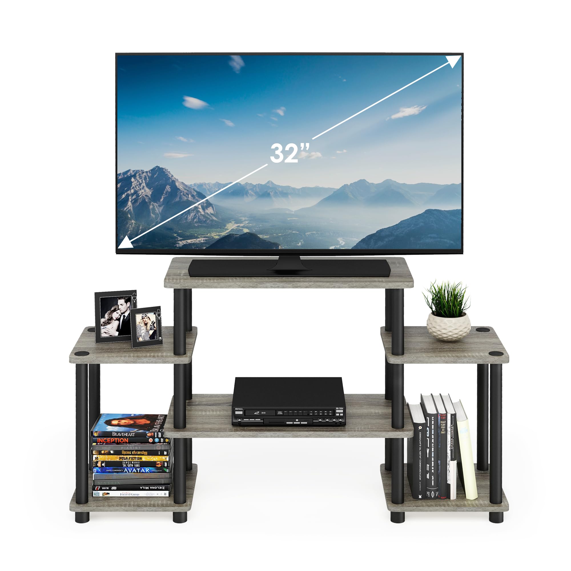 Furinno Turn-N-Tube No Tools Entertainment Center, Round Square Corner, French Oak Grey/Black