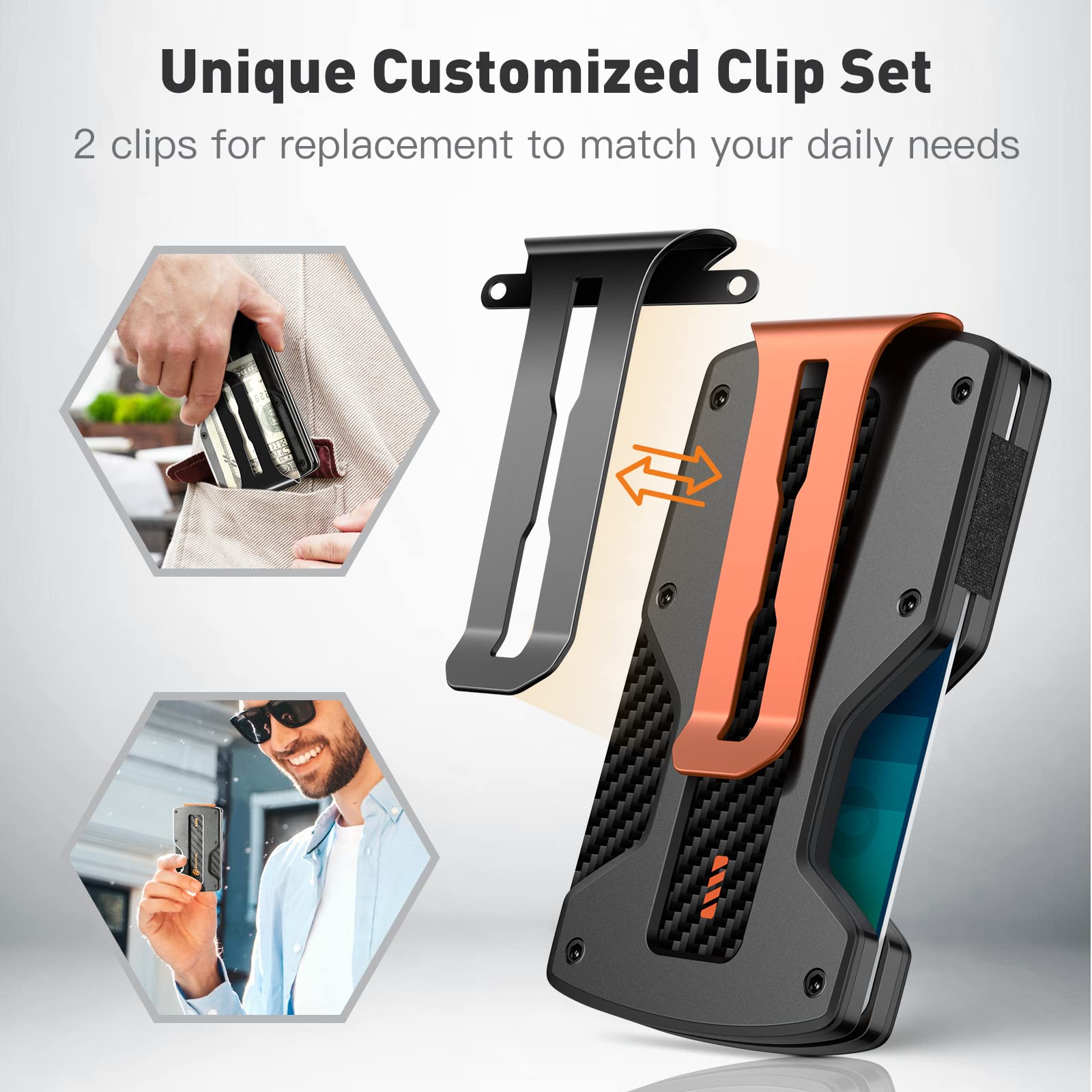 boxoon Money Clip Wallets for Men, Carbon Fiber Wallet with 2 Clips, Ultra Slim Aluminum Metal Wallet with Credit Card Holder, RFID Blocking Technology, Tactical Multitool Included, Gift for Men