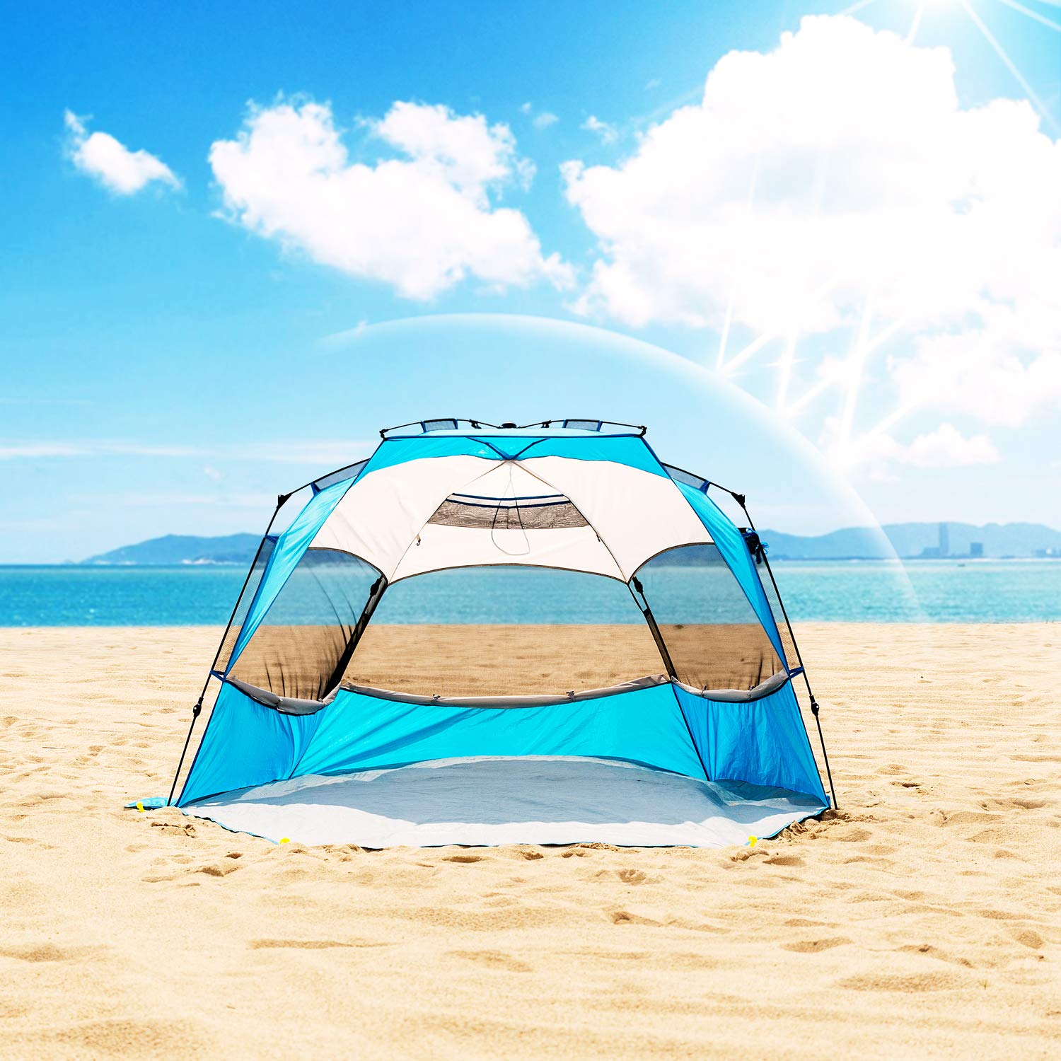Beach Tent Pop Up with Sand Pocket for 4-5 Person, Easy Setup Sun Shelter Shade,UPF 50+ UV Protection, Lightweight & portable Beach Umbrella, Extended Floor&3 ventilating windows Extra XLarge
