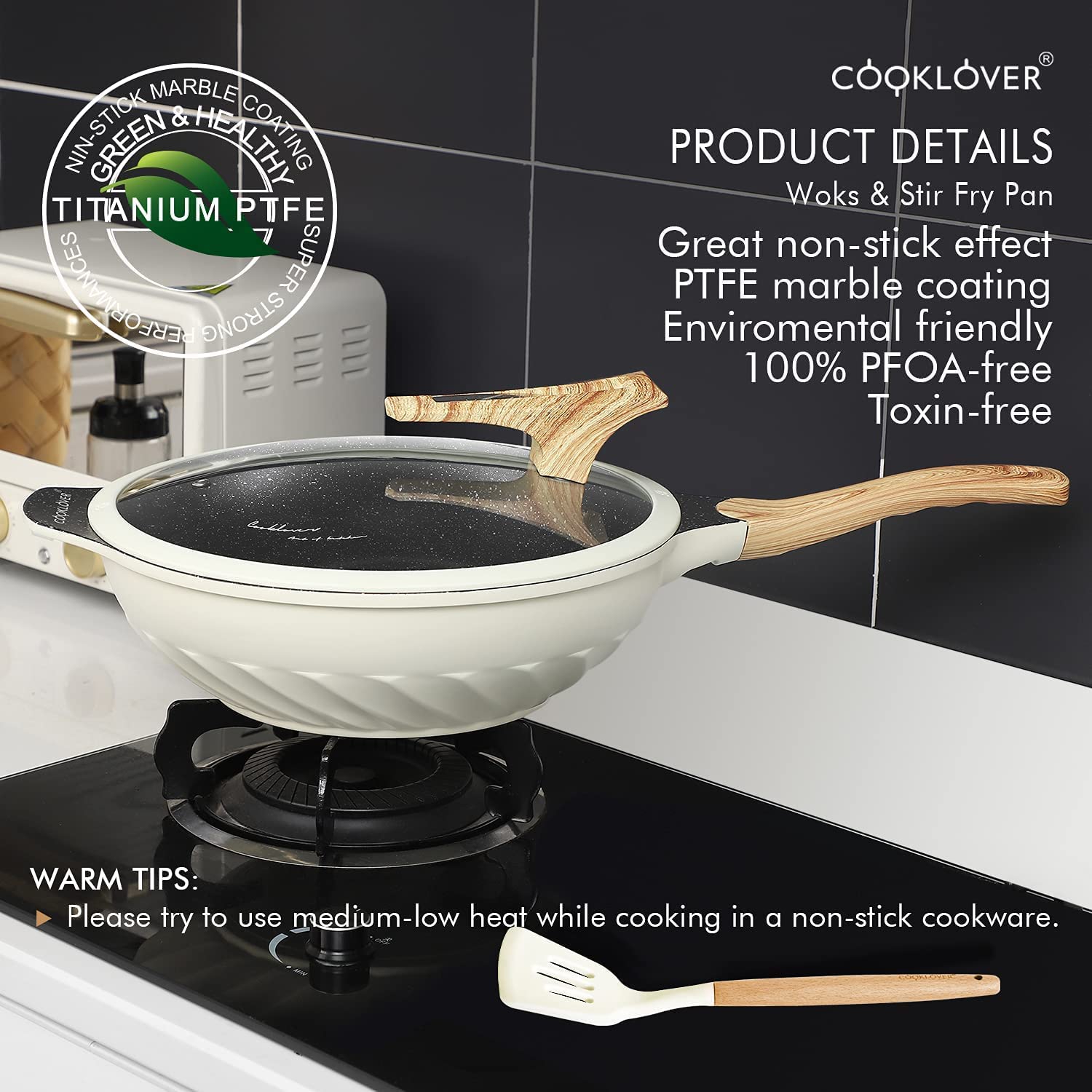 COOKLOVER Nonstick Induction Wok-12.6inch - White & 11 inch Nonstick Stir Fry Pan with Lid β White