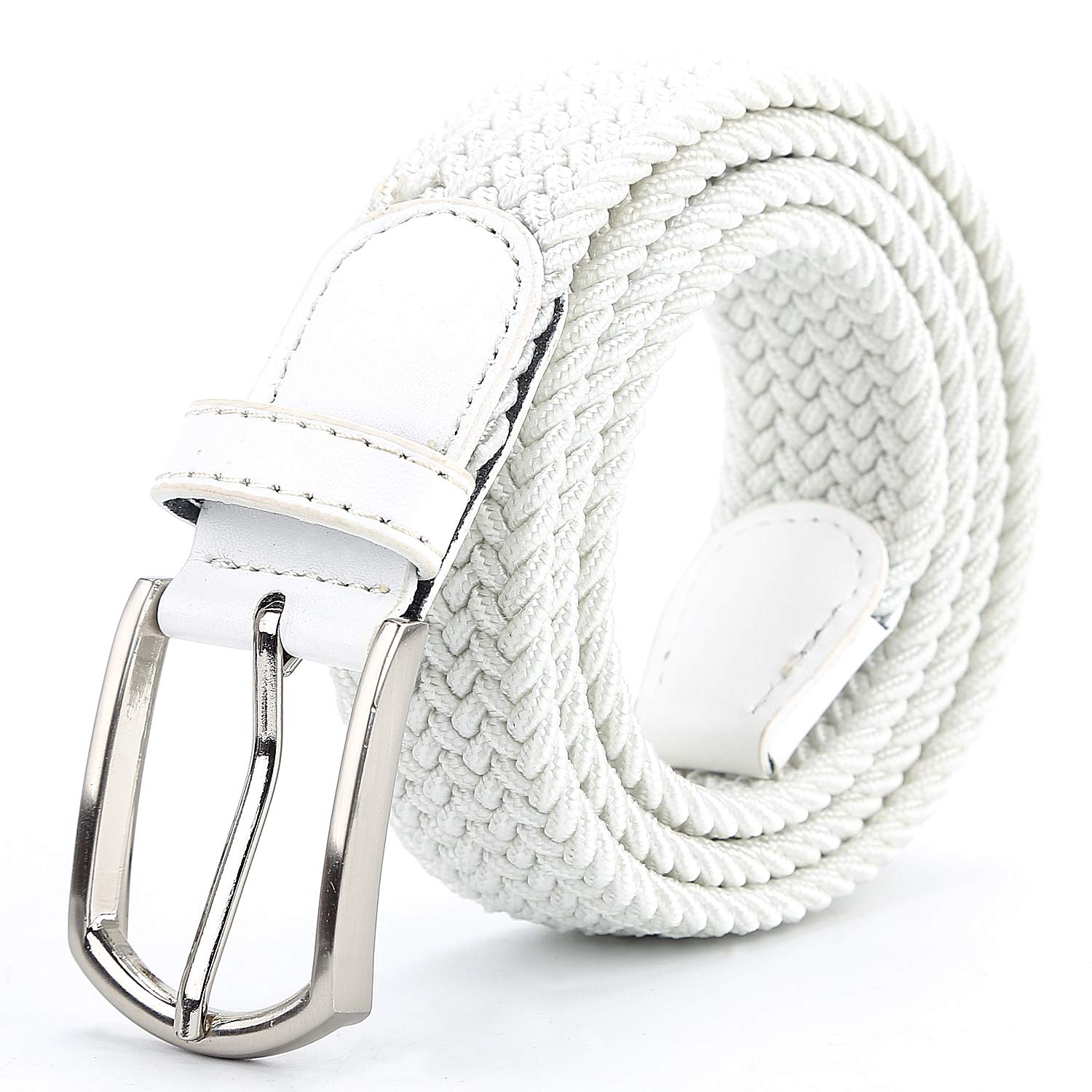 Braided Canvas Woven Elastic Stretch Belts for Men/Women/Junior with Multicolored (White, Medium/32-34" Waist)