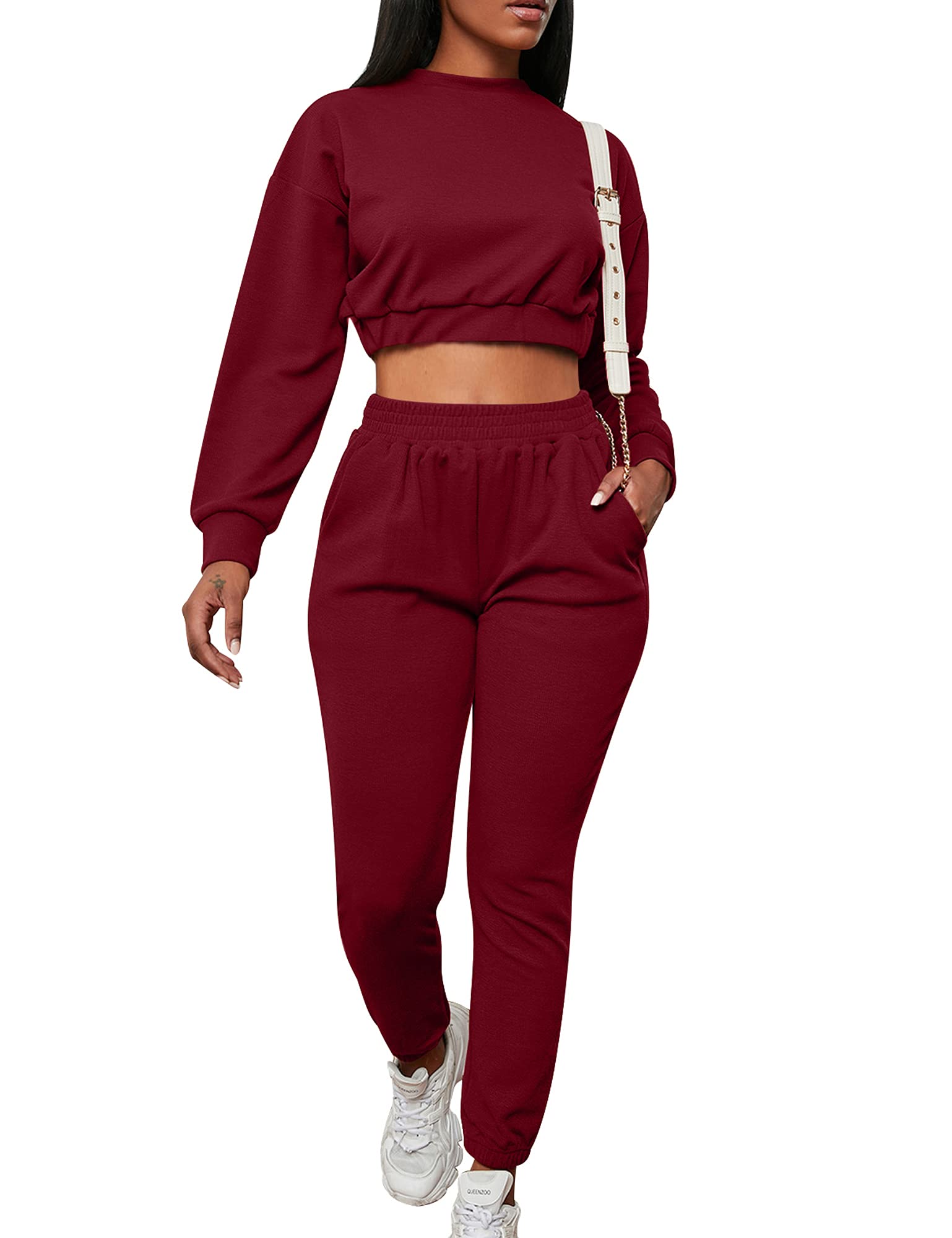 BORIFLORS Women's Workout Track Suit 2 Piece Outfits Long Sleeve Sweatsuits Jogger Pants Sets,Large,Wine Red