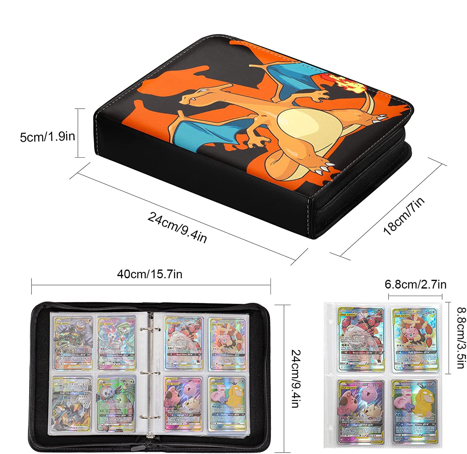 Card Binder 400 Cards Capacity with 50 Removable Sleeves, Collector Trading Card Binder 4-Pocket Storage Holder Album Book Portable Carrying Case for TCG