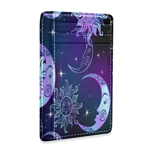 Linomo Thin leather Card Holder and Money Clip Galaxy Sun Moon Star Wallet RFID Blocking for Men & Women