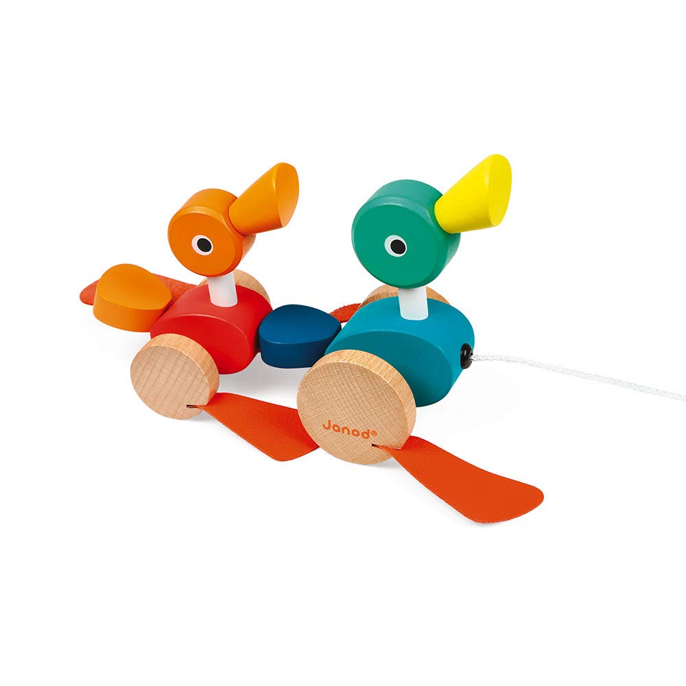 Janod Zigolos Pull Along Duck Family Early Learning and Motor Skills Toy with Flapping Feet Made of Beech and Cherry Wood for Ages 12 Months+