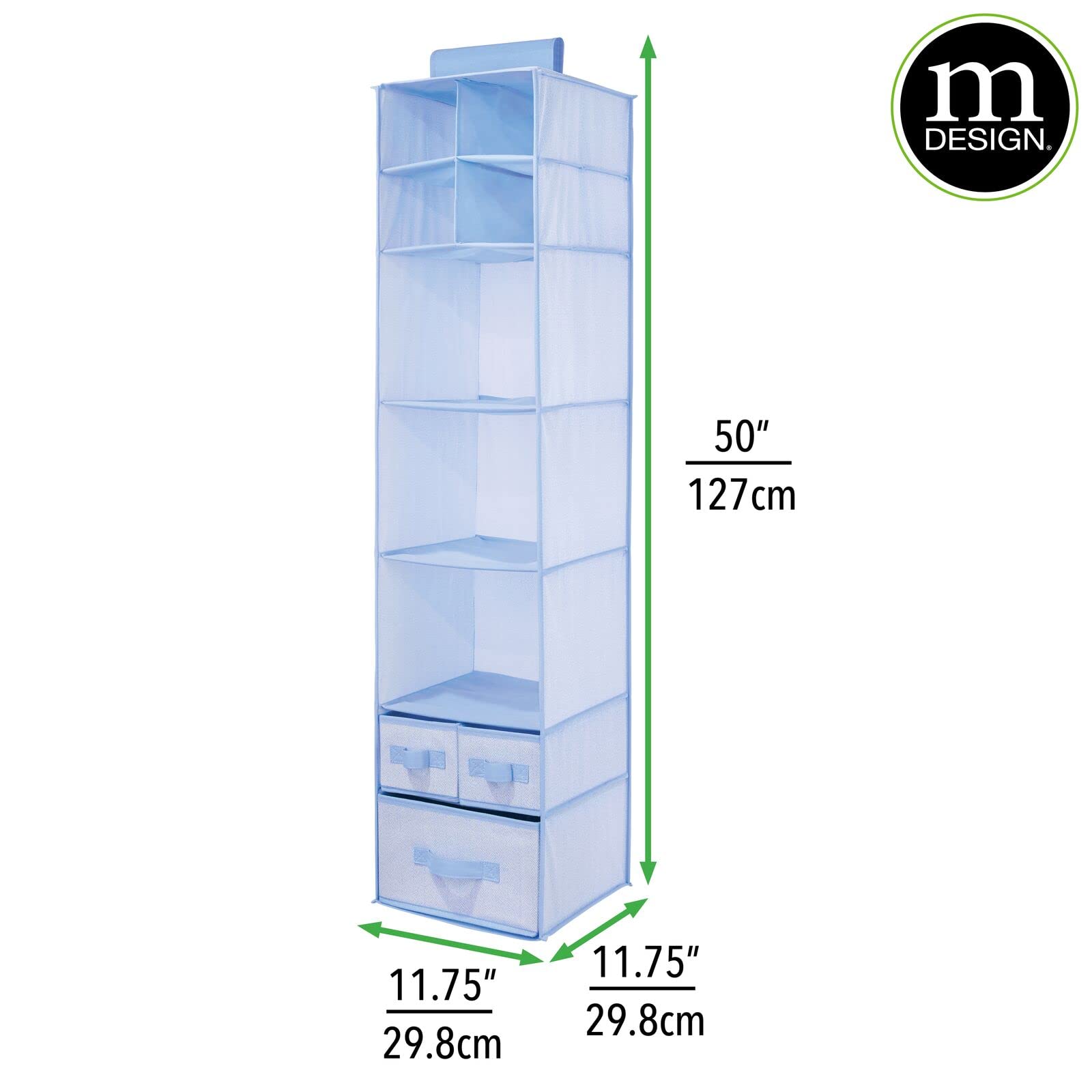 mDesign Soft Fabric Over Closet Rod Hanging Storage Organizer with 7 Shelves and 3 Removable Drawers for Child/Kids Room or Nursery - Herringbone Print - Blue