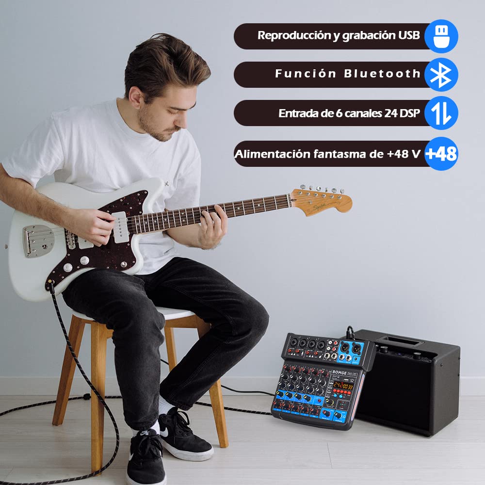 BOMGE 6 Channel mini DJ Audio sound mixer console with USB interface, Bluetooth, Stereo Recording, 48V Phantom Power, 24 DSP effects for karaoke, singing, live,streaming,pc recroding. (white)