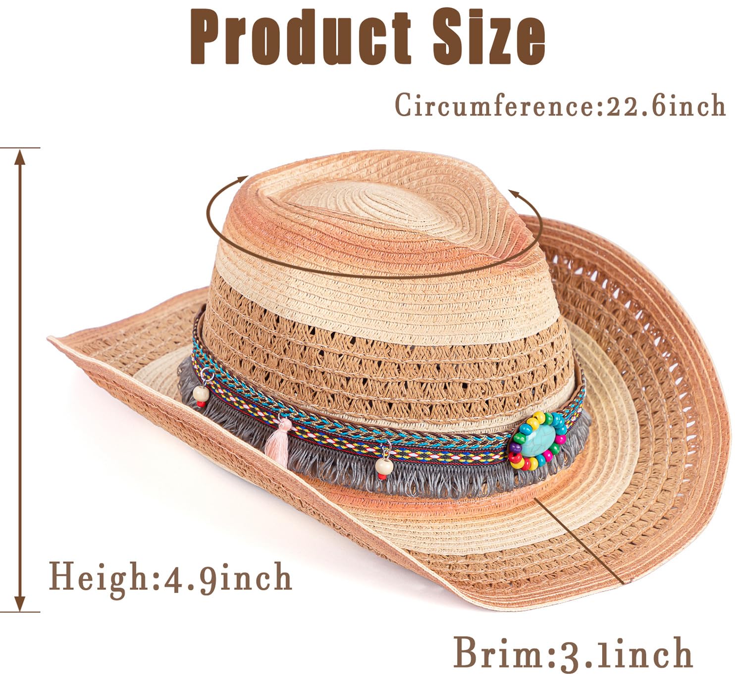 Cowboy Cowgirl Straw Hat with Bands for Women - Western with Wide Brim for Coastal Sun Beach Summer Ivory