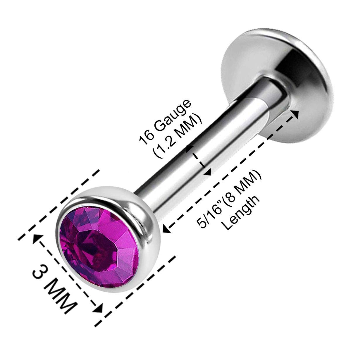 BanaVega 3PCS Steel Internally Threaded Labret Rings 16 gauge 5/16 8mm 3mm Crystal Auricle Tragus Earrings Lip Piercing Jewelry 0493