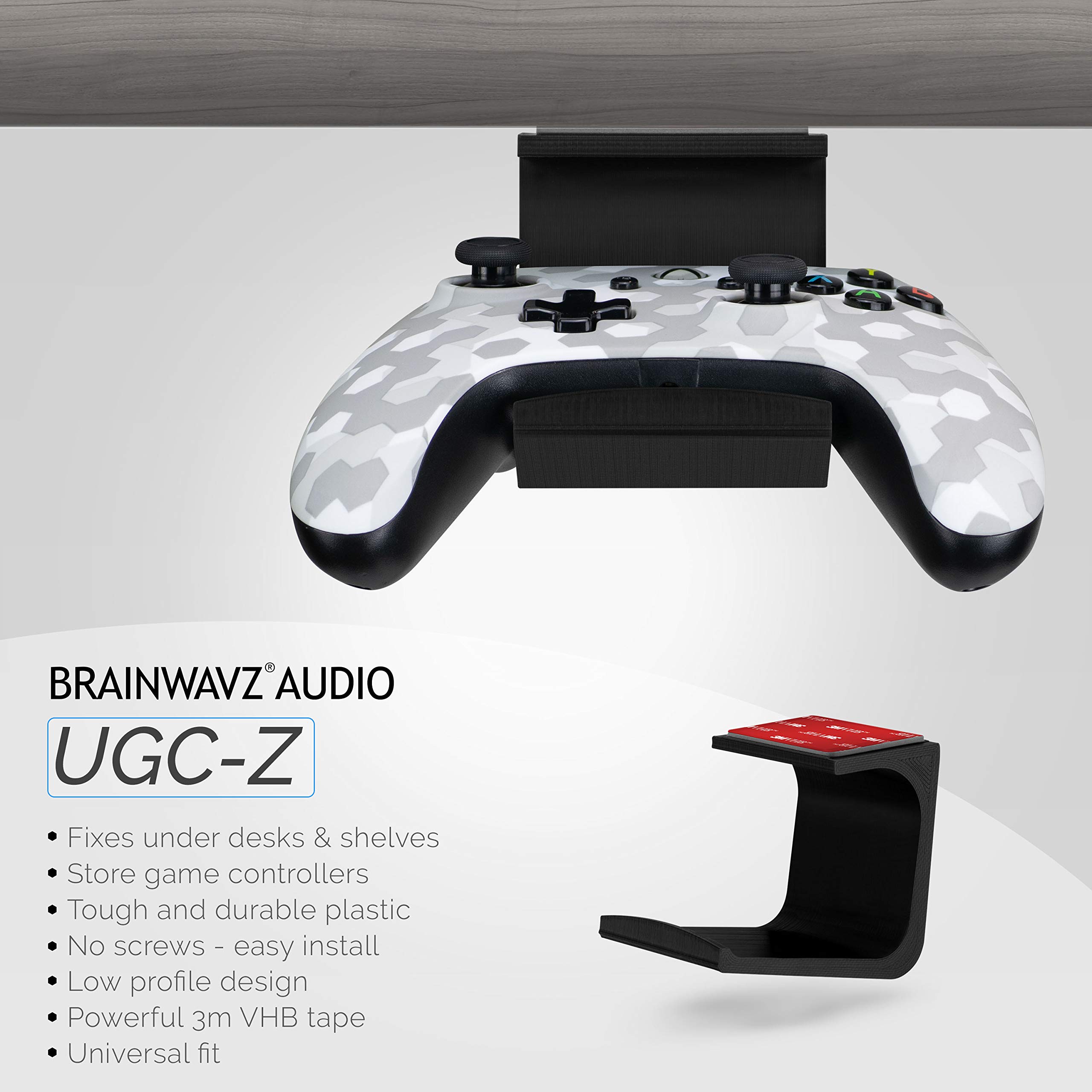 BRAINWAVZ [EOL] Gamepad Under The Desk Bed Mount Holder Hanger Stand for Xbox One Switch PS4 PS5 PC, Steam Steelseries & Most Game Controllers, No Screws, VHB Tape, Black (UGC-Z) [EOL]