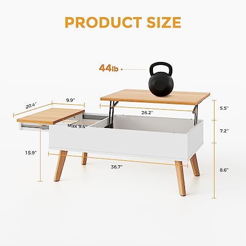 Bidiso Lift Top Coffee Table, Ten Minute Install Coffee Table Center Table with Hidden Storage Compartments, Rising Tabletop Dining Table Coffee Table for Living Room,Oak