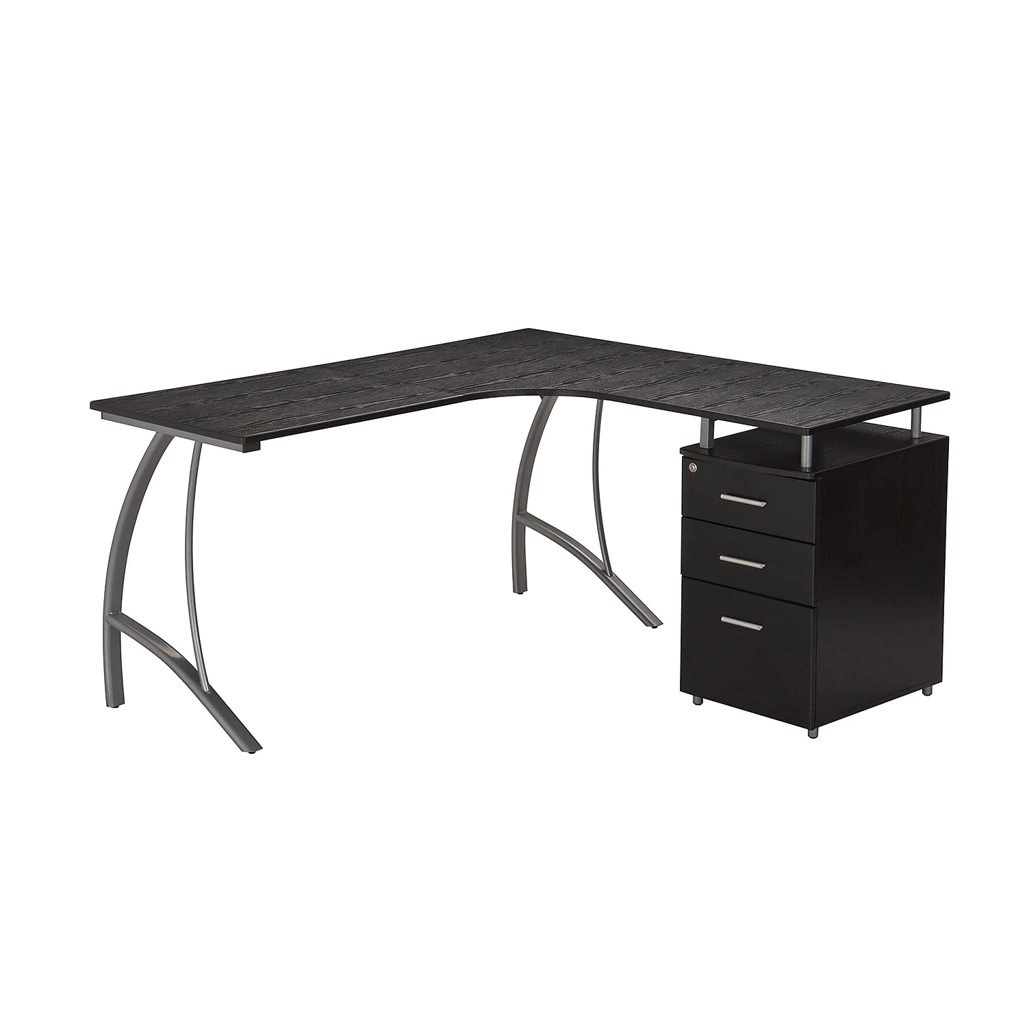 Techni Mobili Modern L Shaped Computer Desk with File Cabinet and Storage, Workstation Table with MDF Panels and PVC Laminate Veneer Surface, Espresso