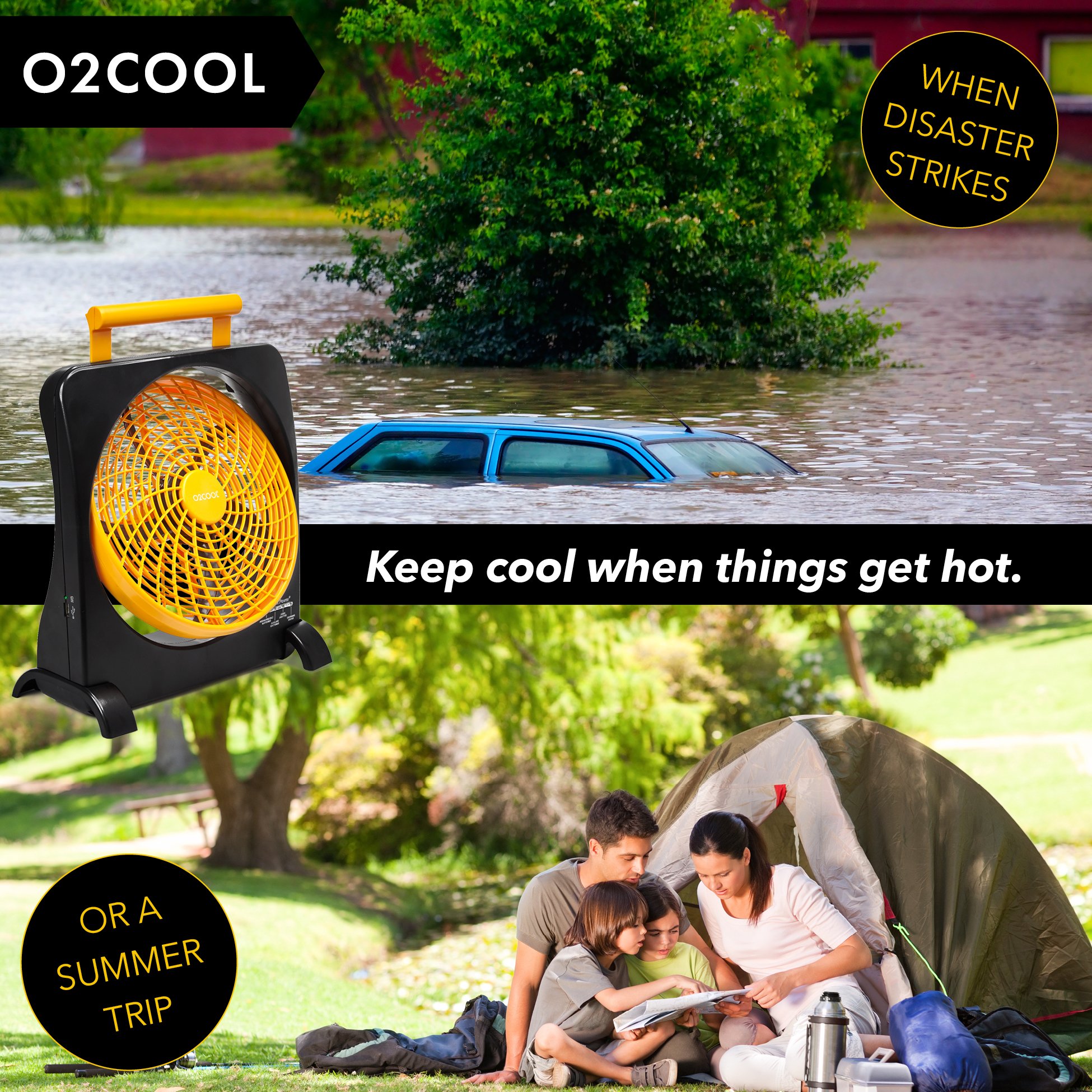 O2COOL 10-Inch Battery Operated Fan - Portable with Internal Rechargeable Battery, Multiple Power Options - AC/DC Adapter, USB Port for Emergencies, Camping, Travel, Indoor and Outdoor Use (Orange)