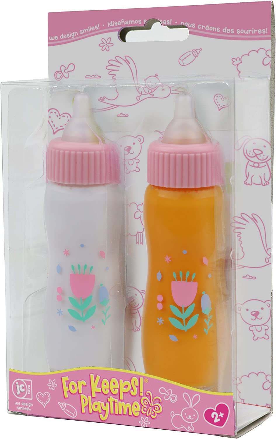JC Toys Deluxe Disappearing Magic Bottles | Fits All Dolls | Milk and Juice | Flower Theme | Ages 2+ , Pink