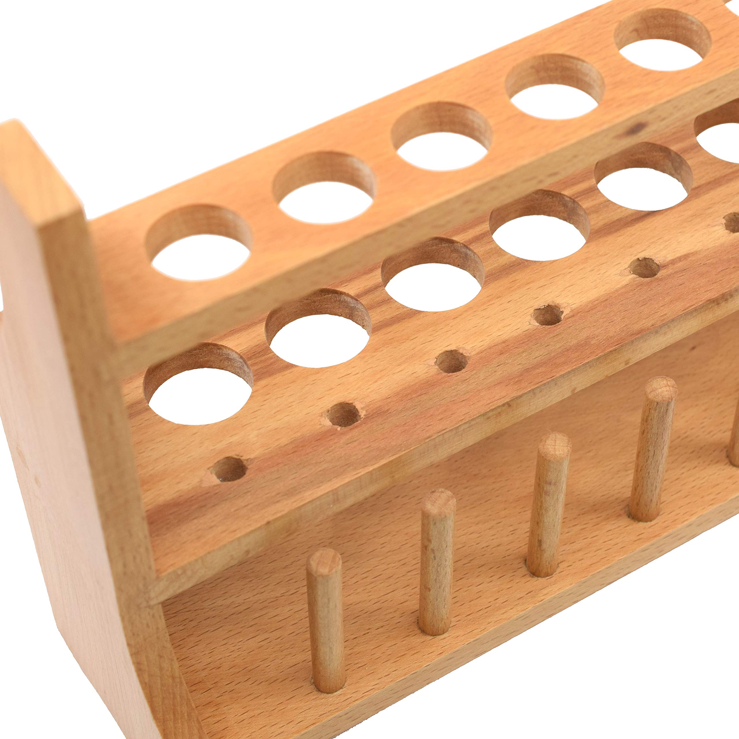 Wooden Test Tube Rack with 6 Draining Pins - Accommodates 13 Tubes, up to 25mm - 10.25" Wide, 8" Tall - Premium Polished Beech Wood Construction - Eisco Labs