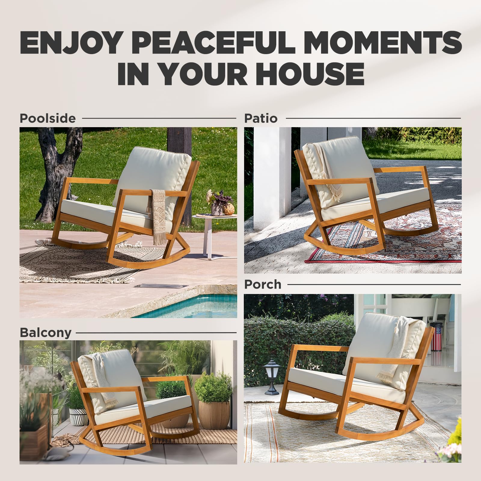 IDZO Premium Club Rocking Chairs 500lbs Capacity with Inclined Backrest, Thick Foam, Solid Acacia Wood Rocker for Patio, Backyard, Balcony, Porch, Beige - 2 Cushions
