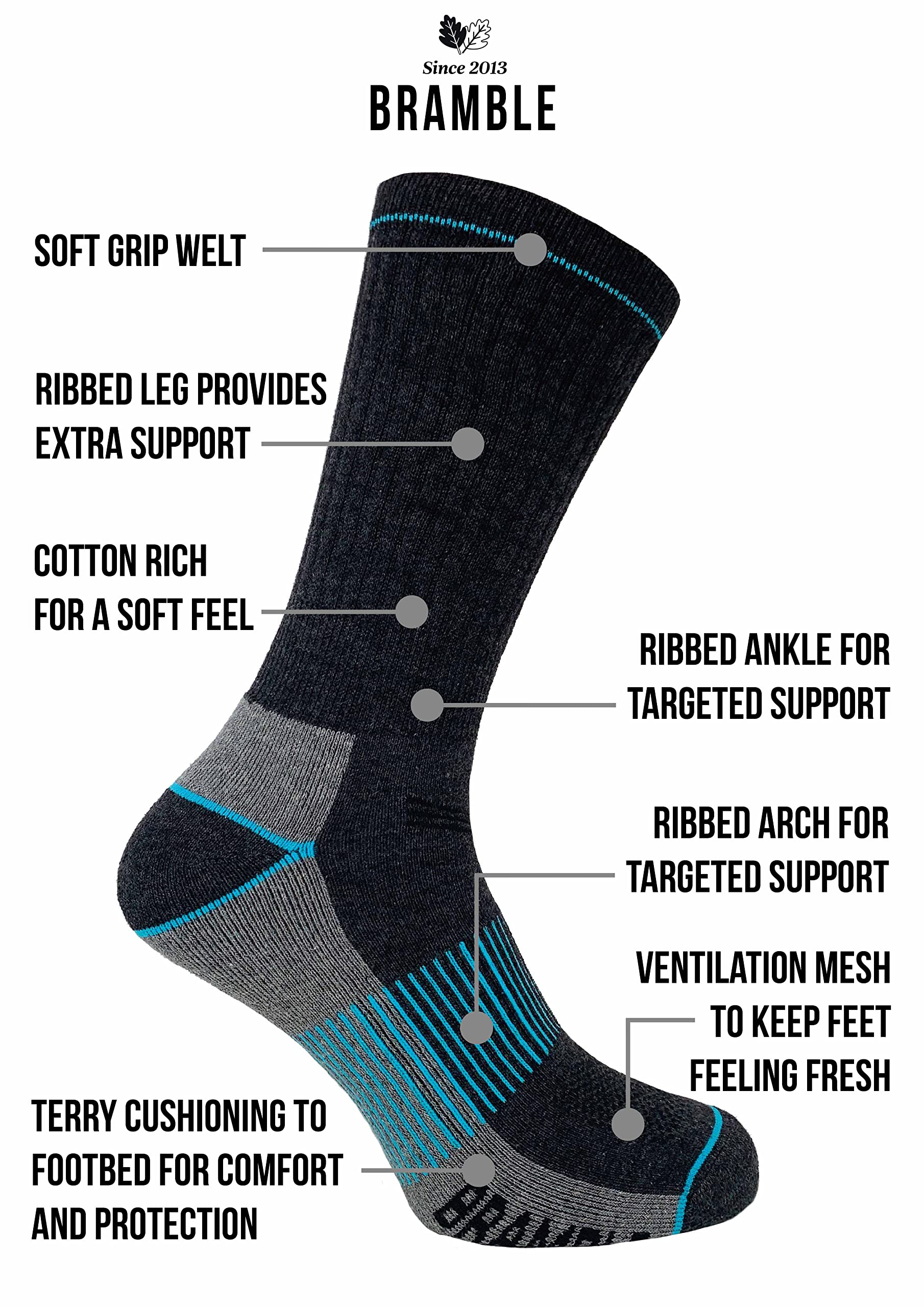 Bramble Mens light weight hiking boot socks | 3 Pairs | U.K. Size 6-11 | Grey/ Neon walking socks, Outdoor all year comfort hiking boot socks, activity socks