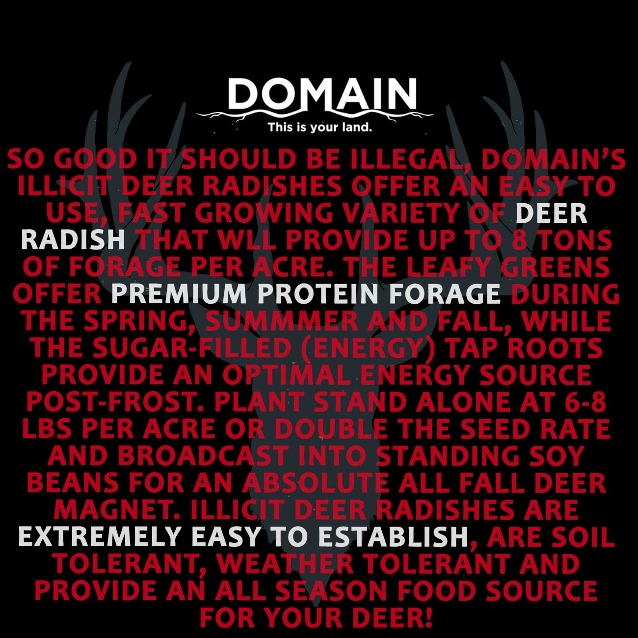 Domain Outdoor Illicit Food Plot Seeds, Fast Growing Variety of Deer Radish, Perfect Seed for Spring, Summer or Fall, Leafy Greens, Sugar-Filled Tap Root, Up to 8 Tons of Forage Per Acre, 1/2 Acre