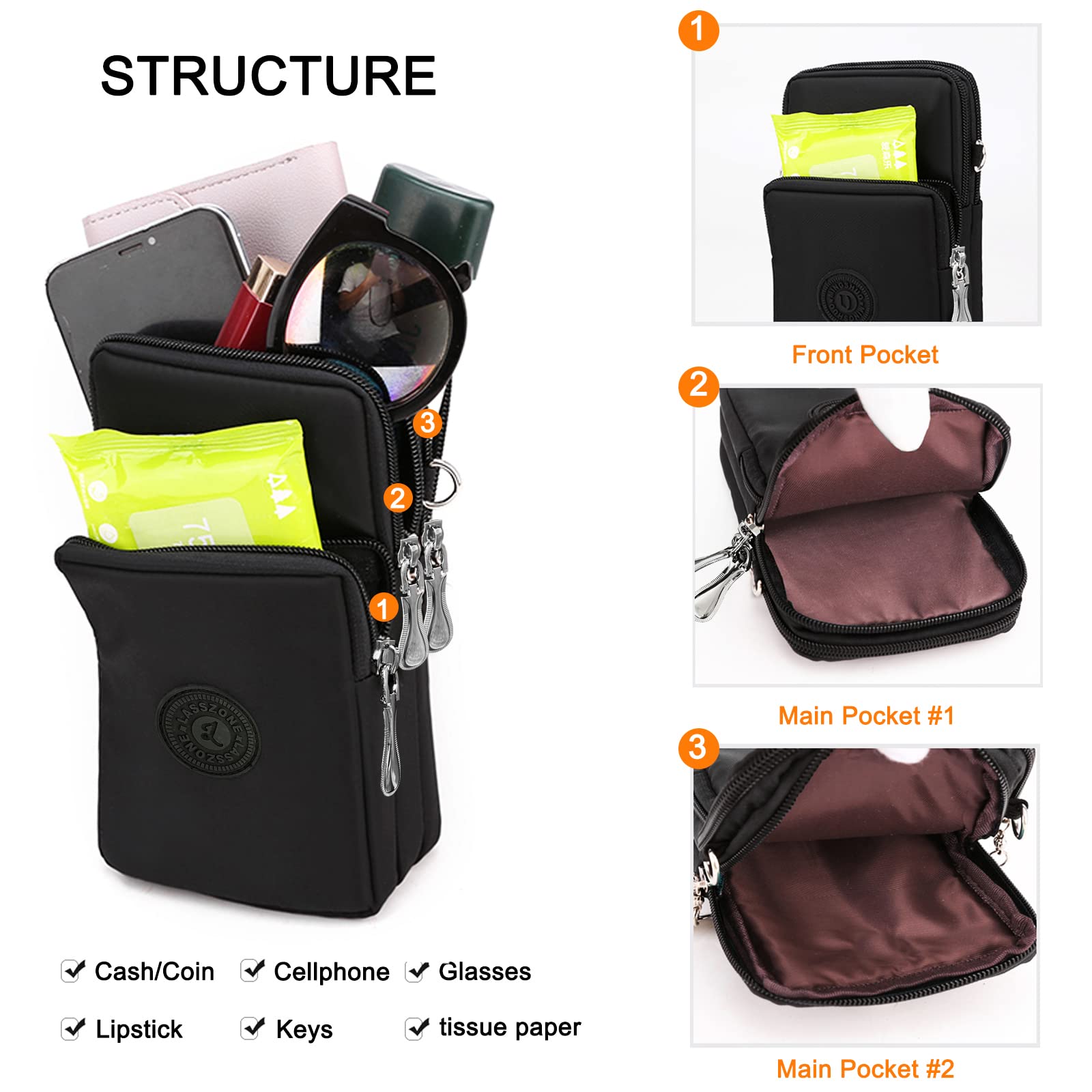 LassZone Women Crossbody Phone Bag Zipper Waterproof Nylon Wallet Cellphone Purse Ladies Shoulder Bag Wristlet Handbag