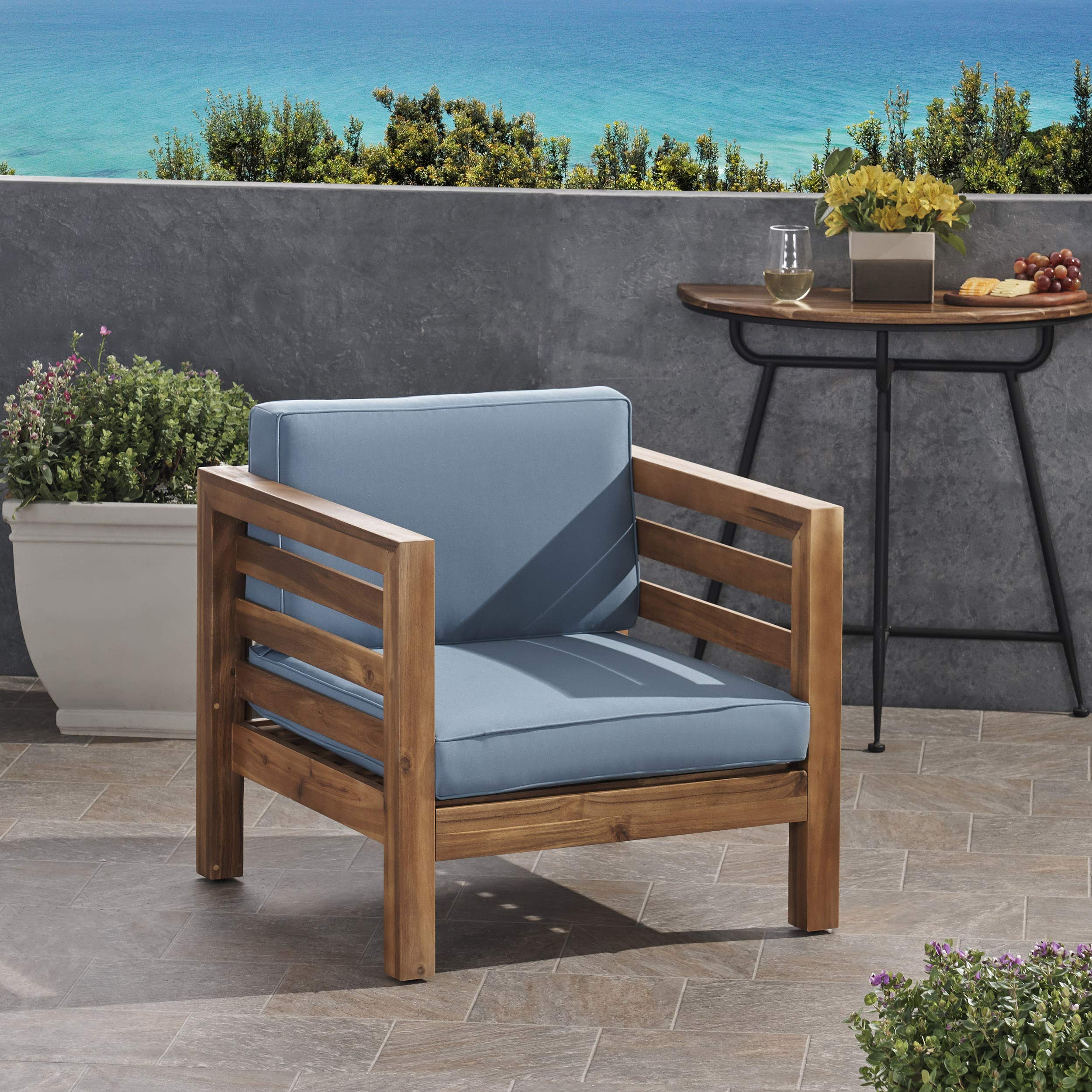 GDFStudio Outdoor Acacia Wood Club Chair with Cushion, Teak Finish and Blue