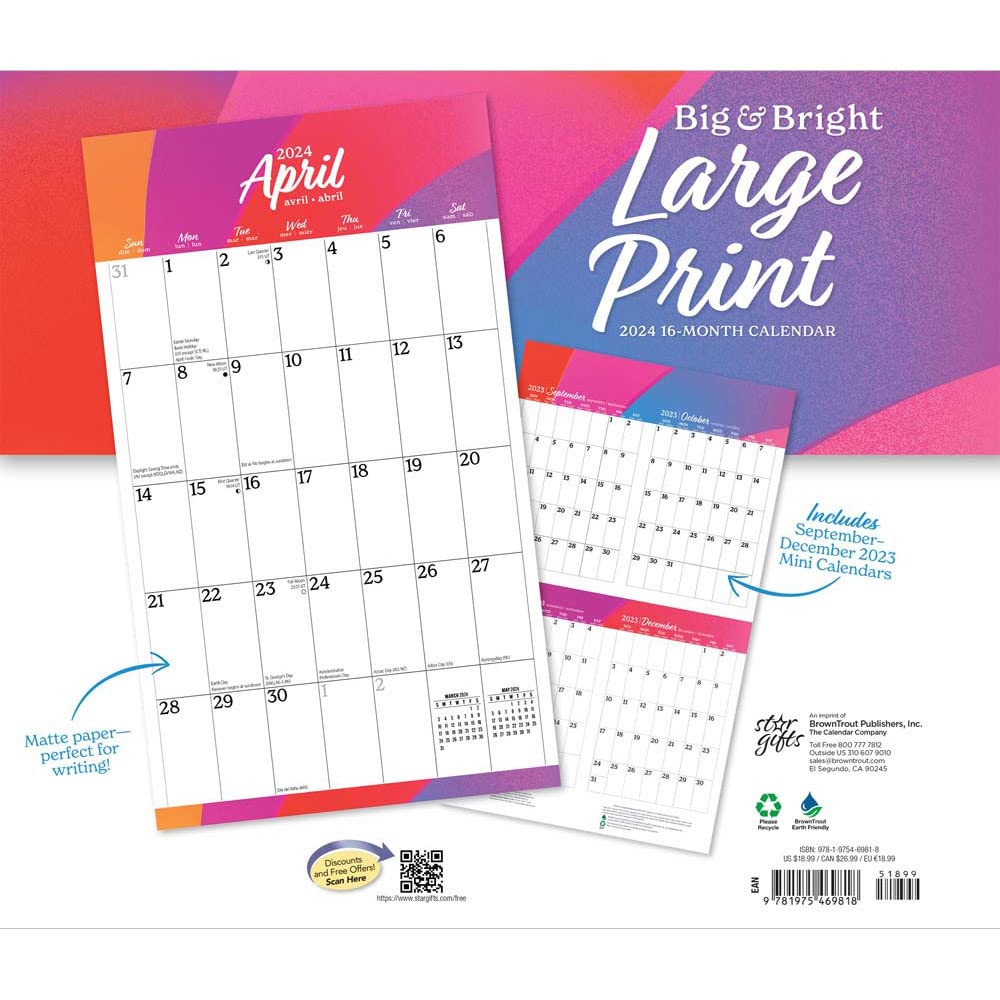 Big & Bright Large Print | 2024 14 x 24 Inch Monthly Deluxe Wall Calendar | Matte Paper and Sticker Sheet | StarGifts | Easy to See Large Font