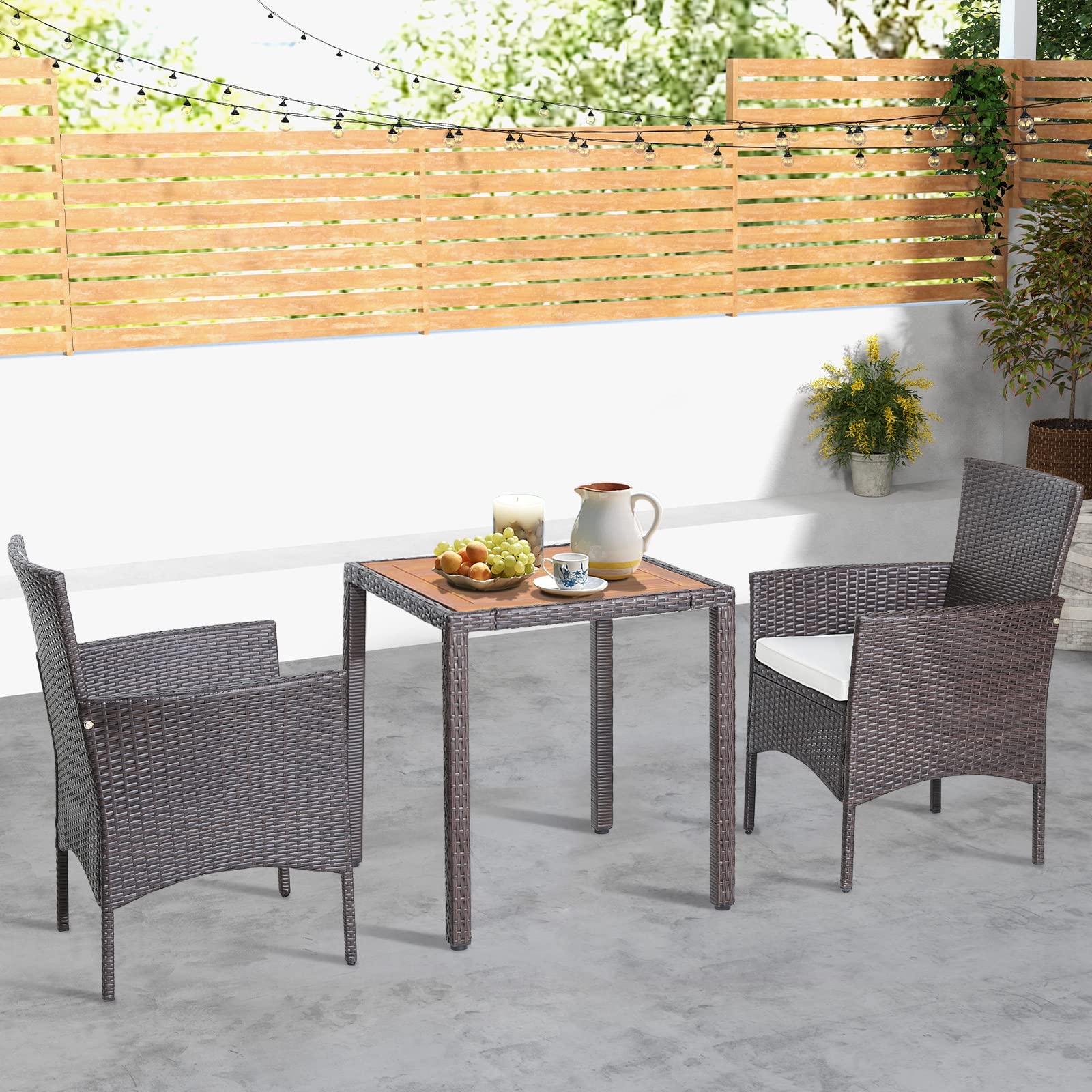 Tangkula 3 Pieces Patio Furniture Set, Outdoor Mix Brown Wicker Dining Set w/Acacia Wood Top Table, Comfortable Cushioned Chairs, Space-Saving Rattan Conversation Set for Garden, Backyard, Porch
